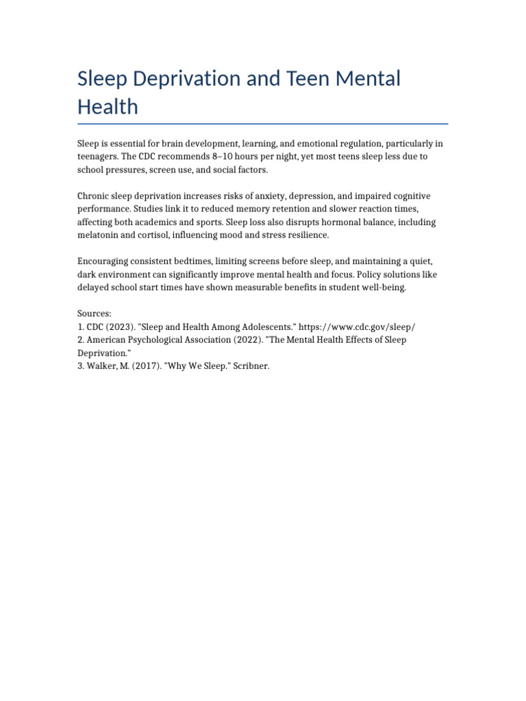 Sleep Deprivation and Teen Mental Health | PDF