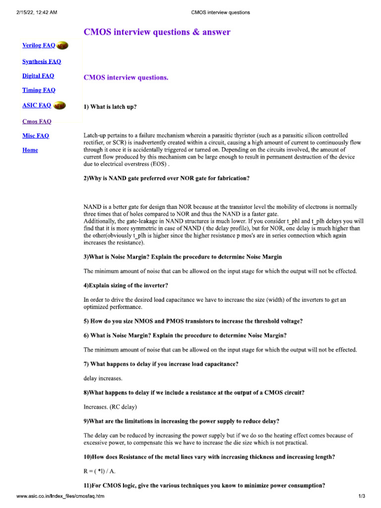 CMOS Interview Questions - 1 | PDF