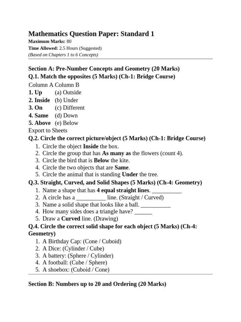 Standard 1 Mathematics Exam Paper | PDF | Shape | Sphere
