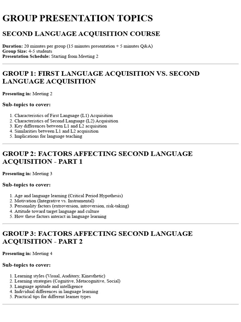 Group Presentation Topics - Second Language Acquisition | PDF | Second Language Acquisition ...