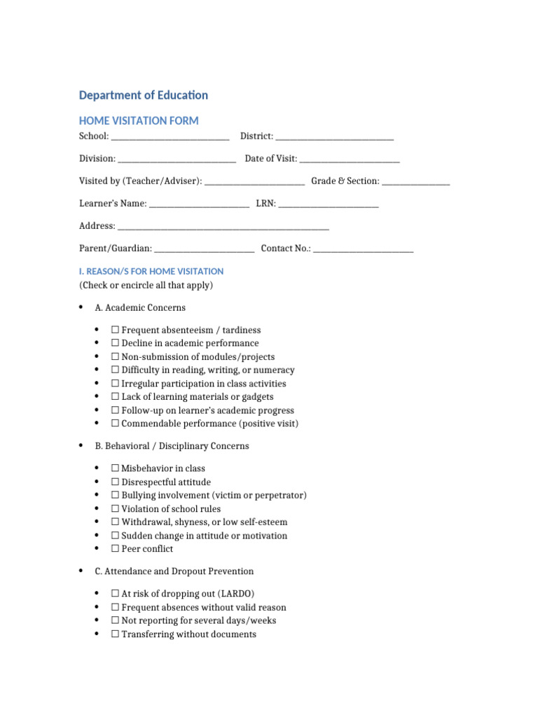 DepEd Home Visitation Form Template | PDF | Learning | Psychology