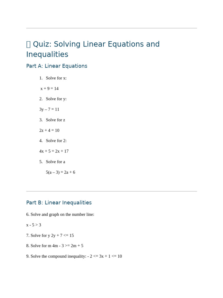Linear Equations and Inequalities Quiz | PDF