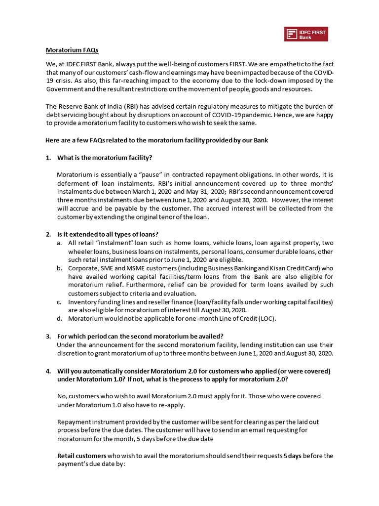 IDFC FIRST Bank Moratorium FAQs | PDF | Loans | Credit