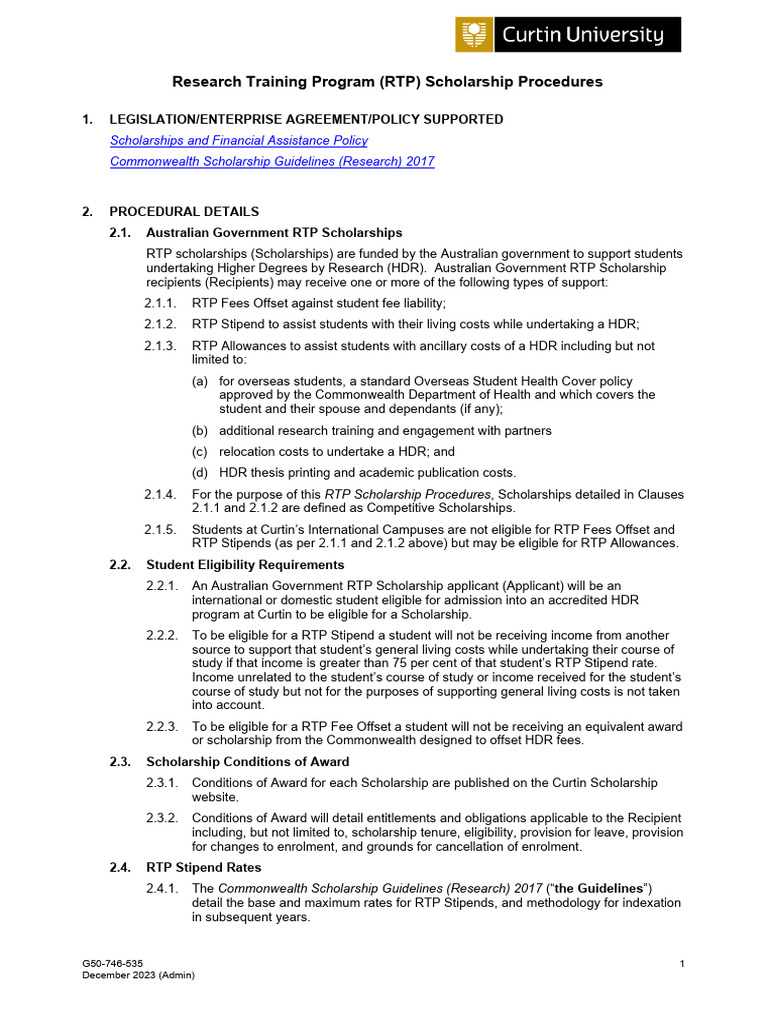 RTP Scholarship Conditions and Eligibility | PDF | Postgraduate ...