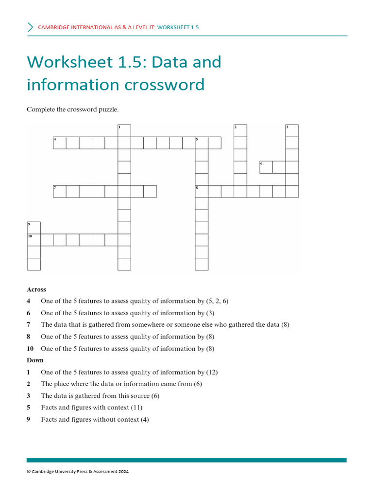 Data Quality Crossword Puzzle Worksheet | PDF