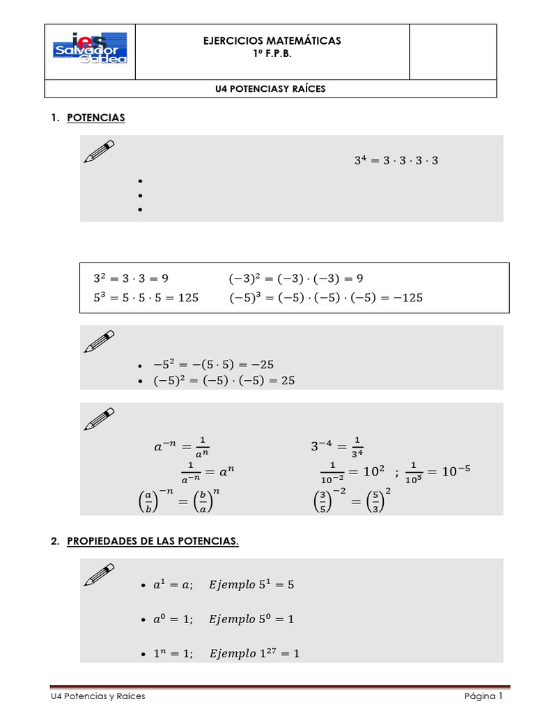 Potencias y Raíces: Guía Completa | PDF | Exponenciación | Multiplicación