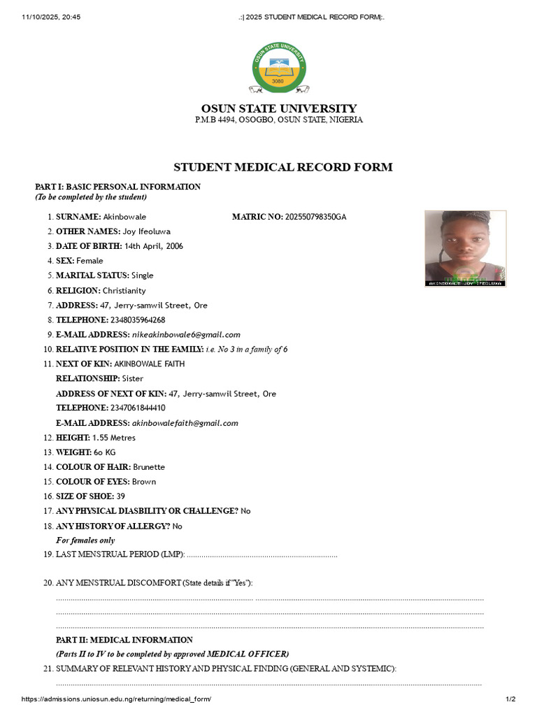 2025 Student Medical Record Form | PDF | Medical Specialties | Clinical Medicine