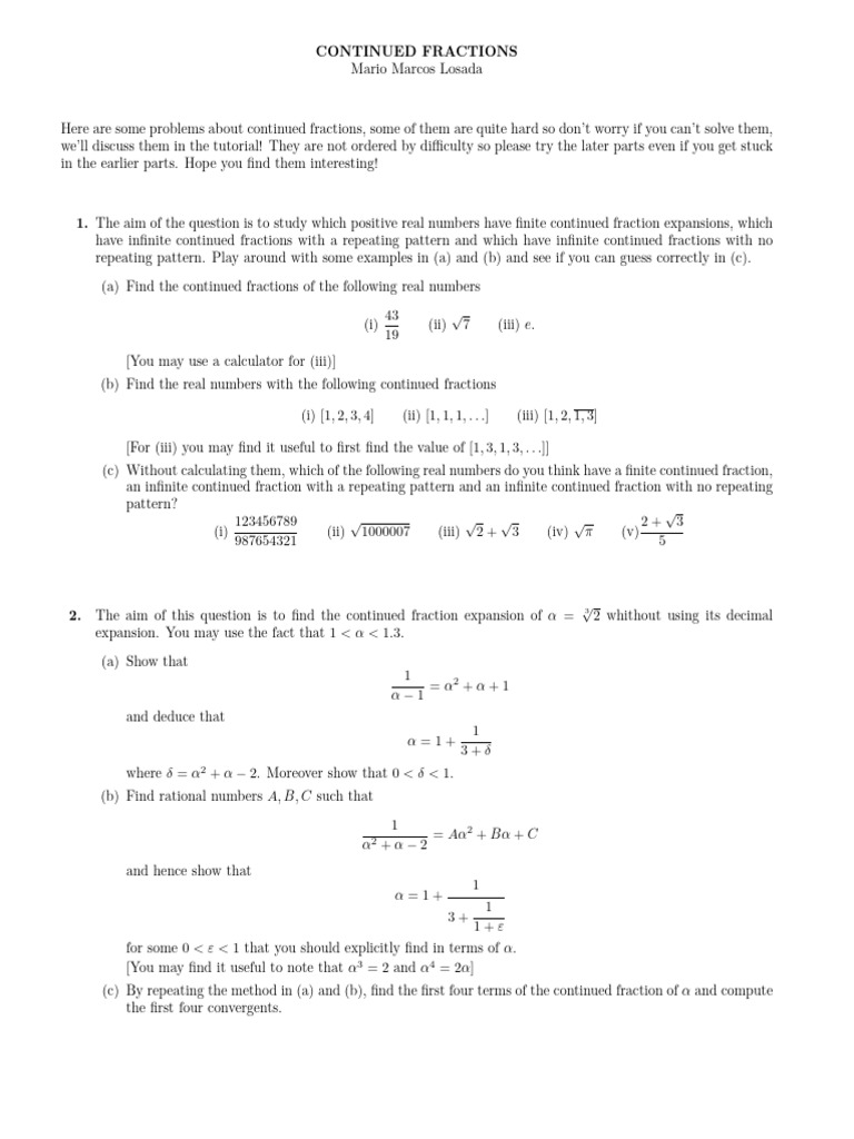 Continued Fraction Problems and Solutions | PDF | Square Root | Real Number