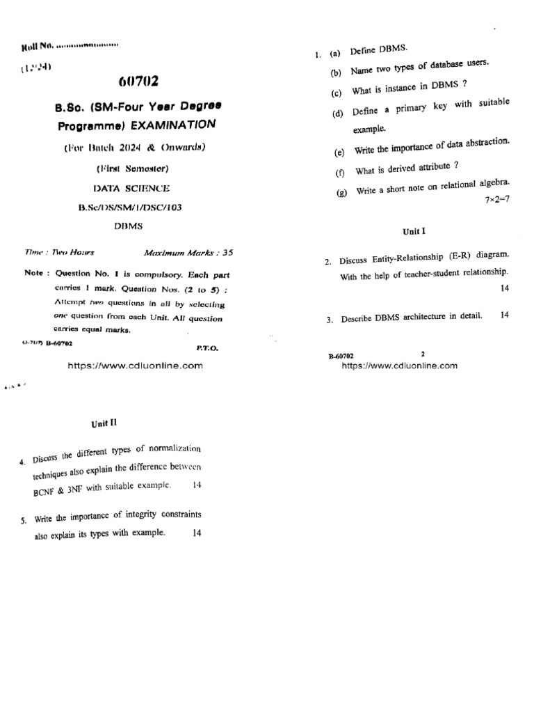 BSC 1 Sem Data Science Dbms 60702 Dec 2024 | PDF