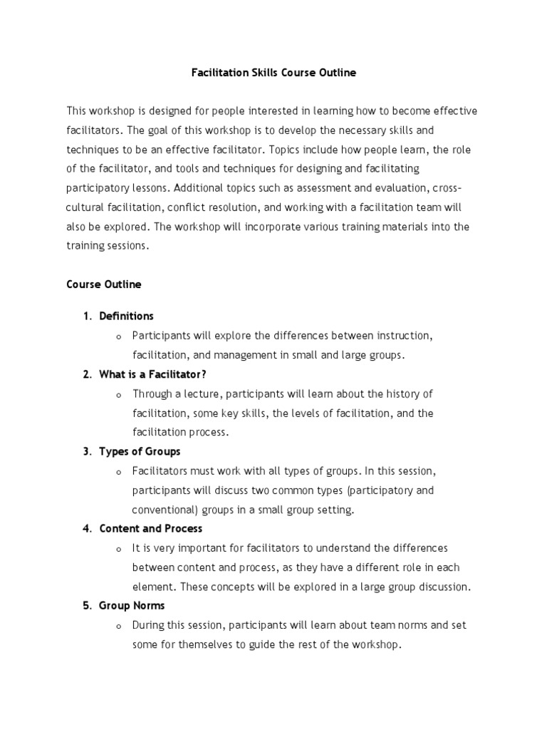 Facilitation Skills Course Outline | PDF | Facilitator | Lecture
