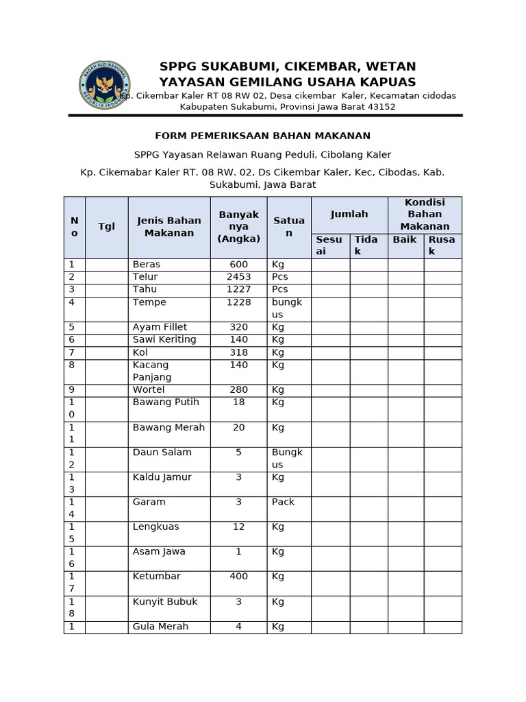 Form Pengecekan Bahan Baku | PDF