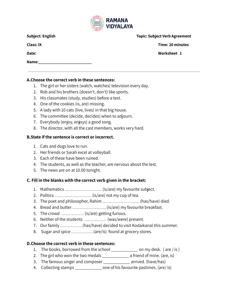 Grade 9 - Worksheet1 - Subject Verb Agreement | PDF | Syntactic ...