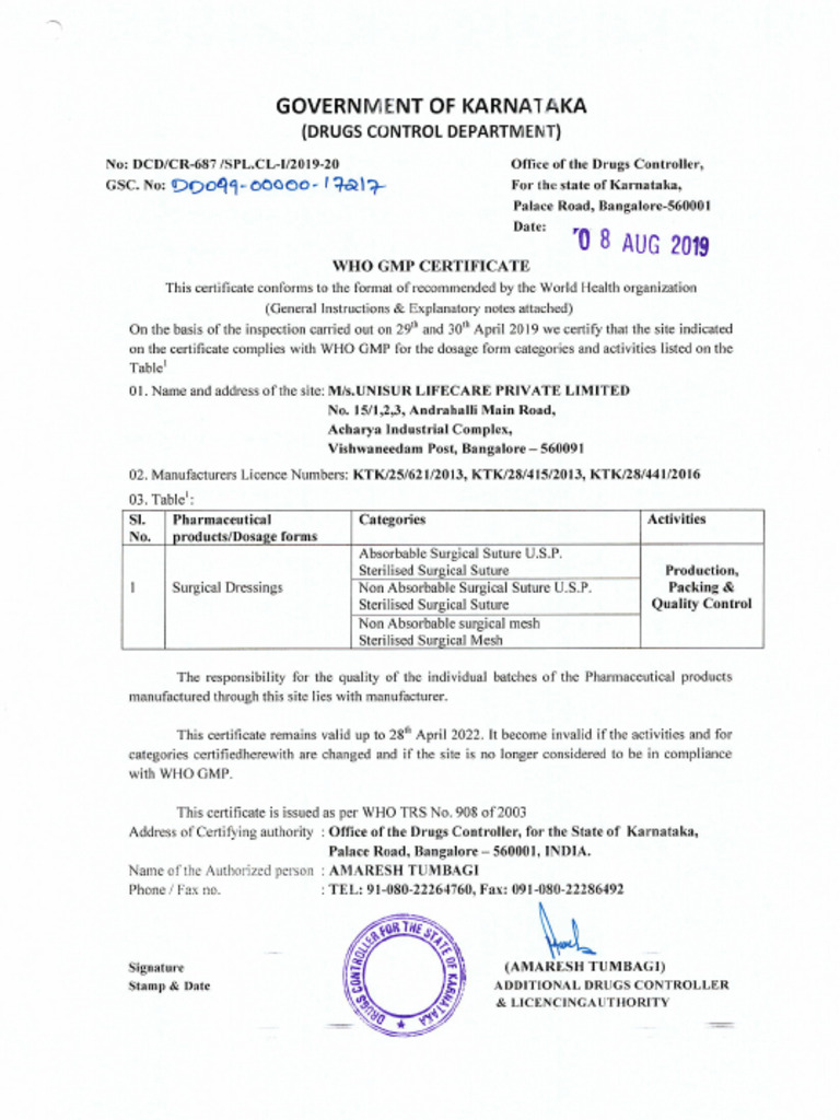 WHO GMP Certificate 2019 | PDF