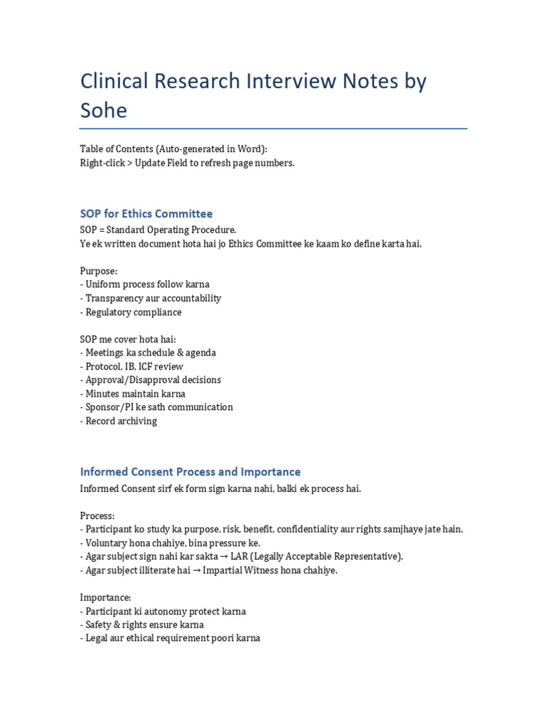 Clinical Research Interview Notes by Sohe | PDF | Phases Of Clinical ...