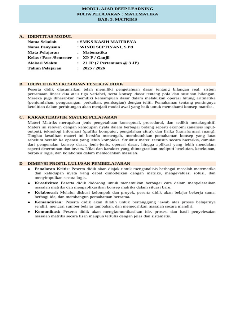 Modul Ajar Matriks untuk Kelas XI | PDF