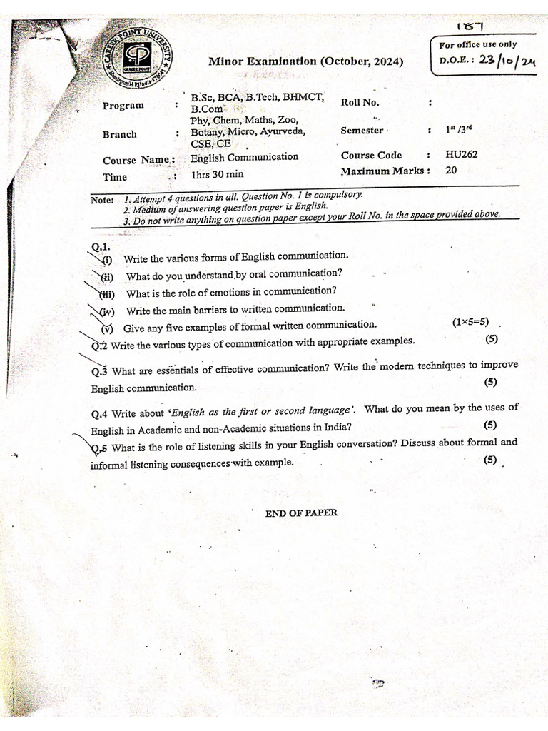 BCA 1st Sem. Question Paper October 2024 | PDF