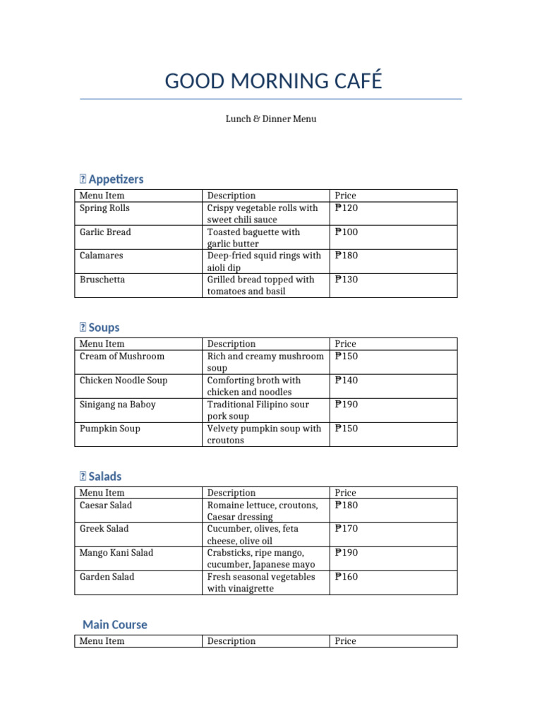 Lunch Dinner Menu Good Morning Cafe | PDF | Salad | Soup