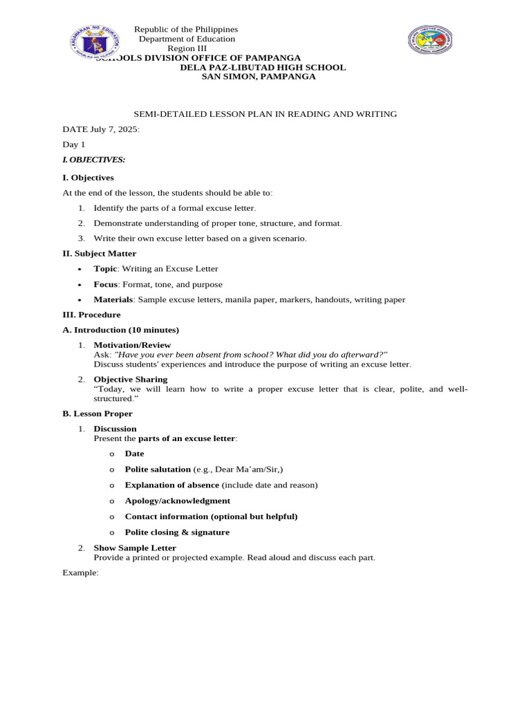 Lesson Plan: Writing Excuse Letters | PDF | Reading Comprehension