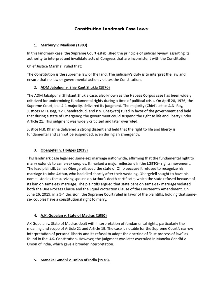 Constitution Landmark Case Laws | PDF | Public Law | Constitutional Law