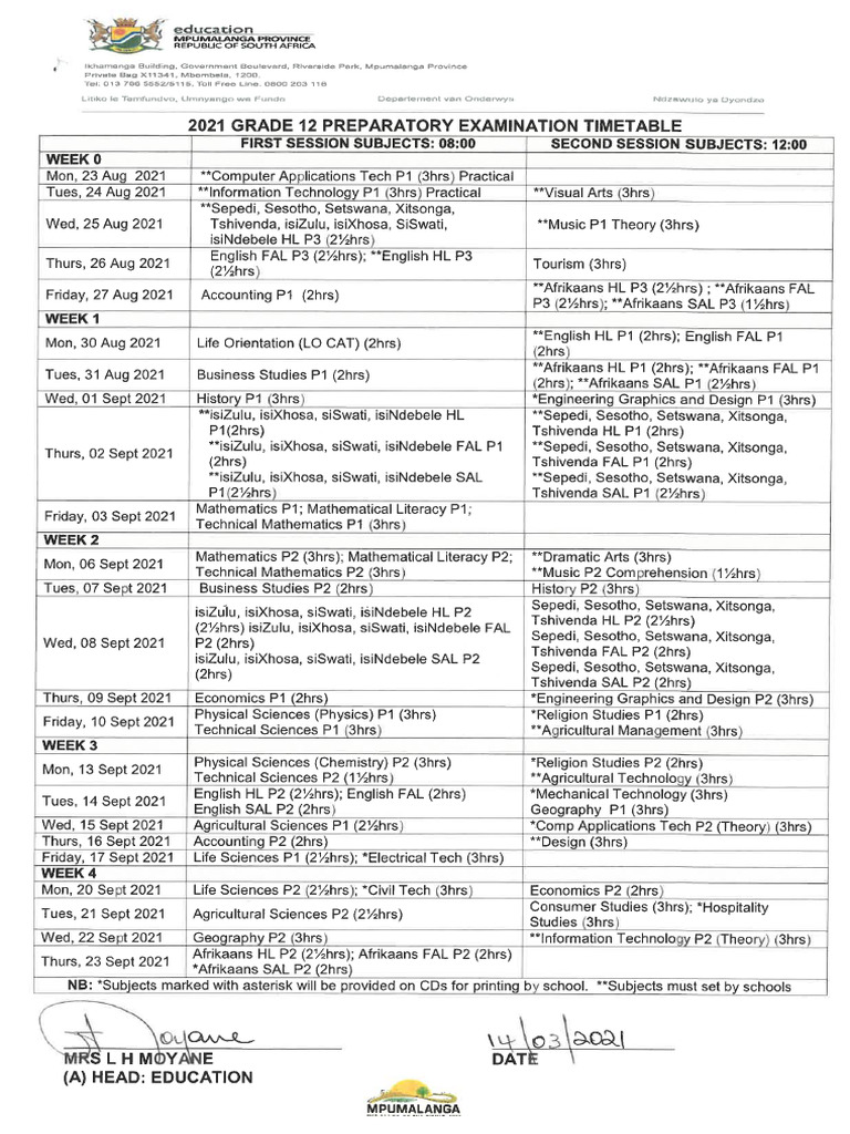 2021 Grade 12 Preparatory Examination Time Table | PDF