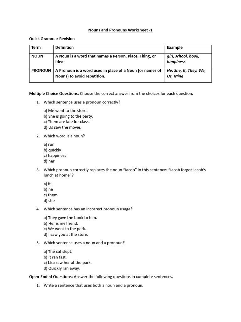 Nouns and Pronouns Worksheet | PDF | Noun | Pronoun