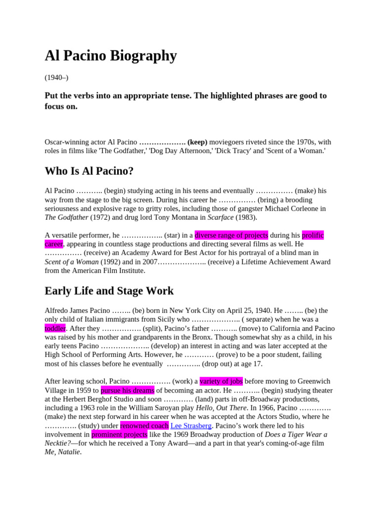 Al Pacino Biography Present Perfect Vs Past SImple, B2 + VOCAB | PDF