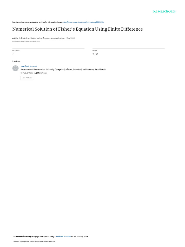 Numerical Solutions of Fisher's Equation | PDF | Partial Differential ...