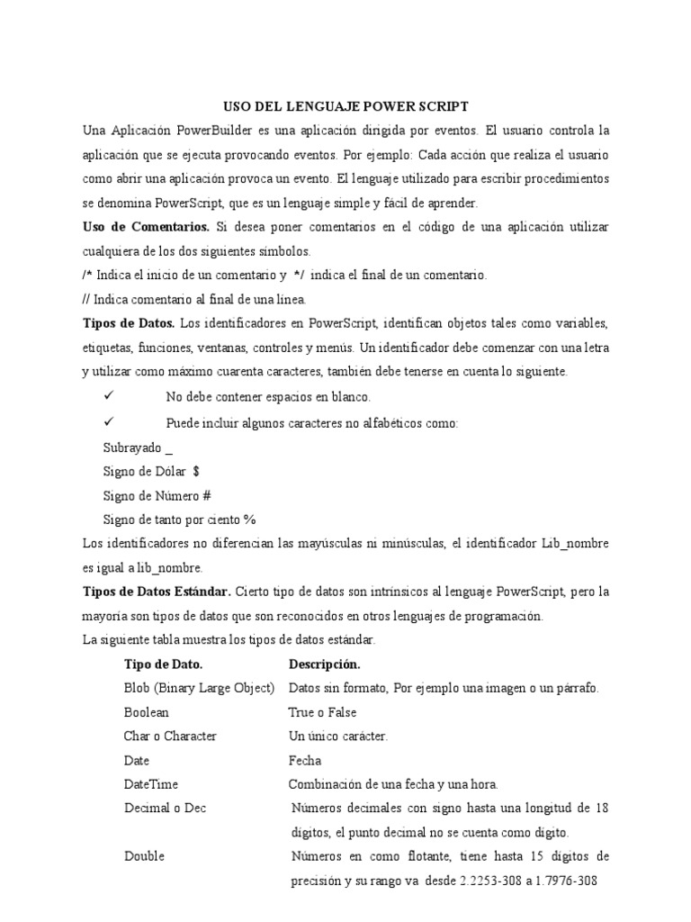 Introducción a PowerScript en PowerBuilder | PDF | Tipo de datos | Lenguaje de programación