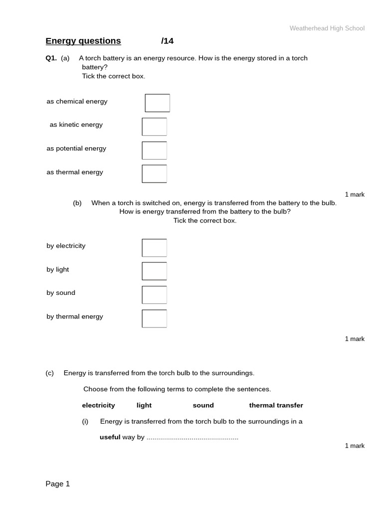 Energy Starter Sats Qs | PDF | Electricity | Nature