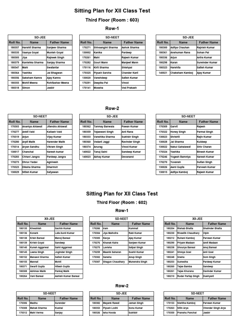 XII Class Test Sitting Plan | PDF