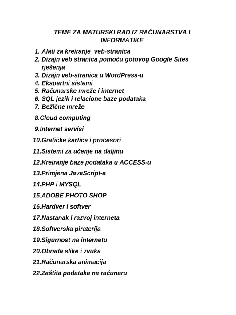 Teme Za Maturski Rad Iz Računarstva I Informatike Provjerene | PDF