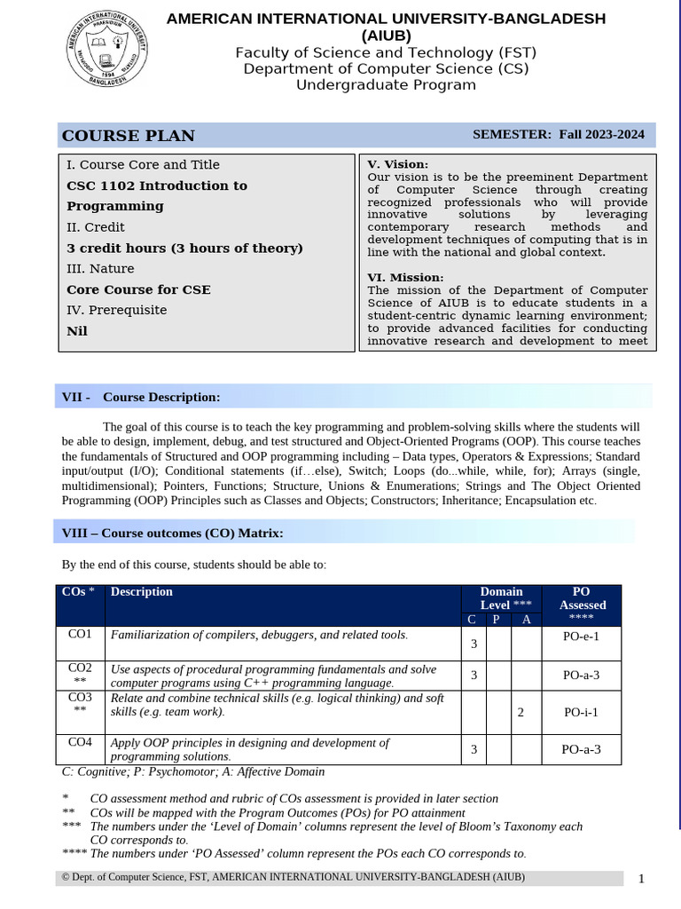 AIUB CSC 1102 Programming Course Overview | PDF | Computer Programming ...