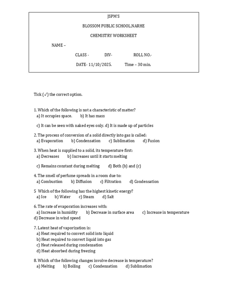Class 9 Science Worksheet Matter | PDF | Mixture | Water