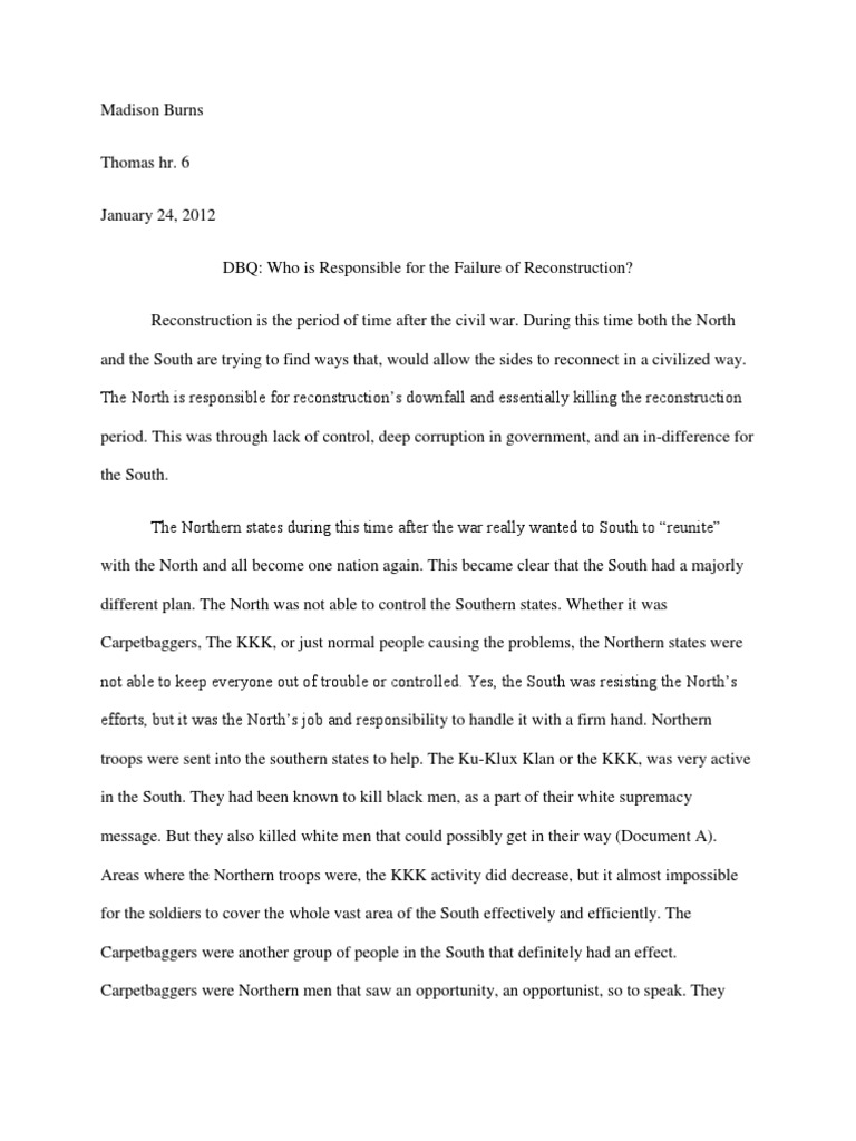 DBQ Who Killed Reconstruction | PDF | Reconstruction Era | Southern ...