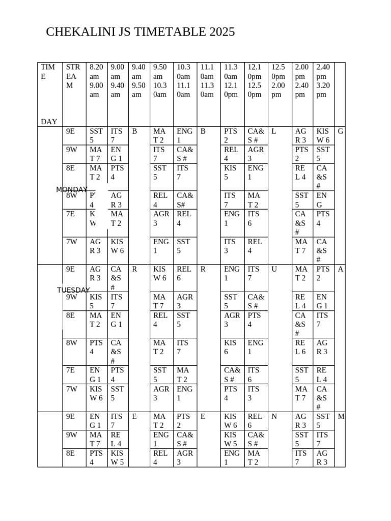 Chekalini Junior Secondary Timetable | PDF