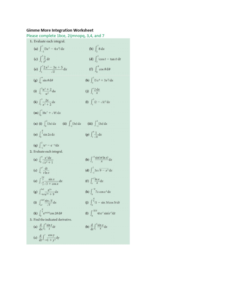 Gimme More Integration Worksheet | PDF