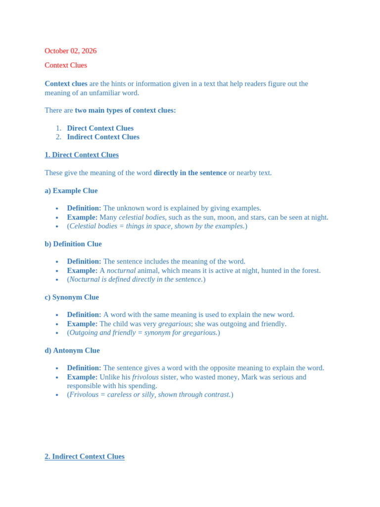 Context Clues for Grade 9 Readers | PDF