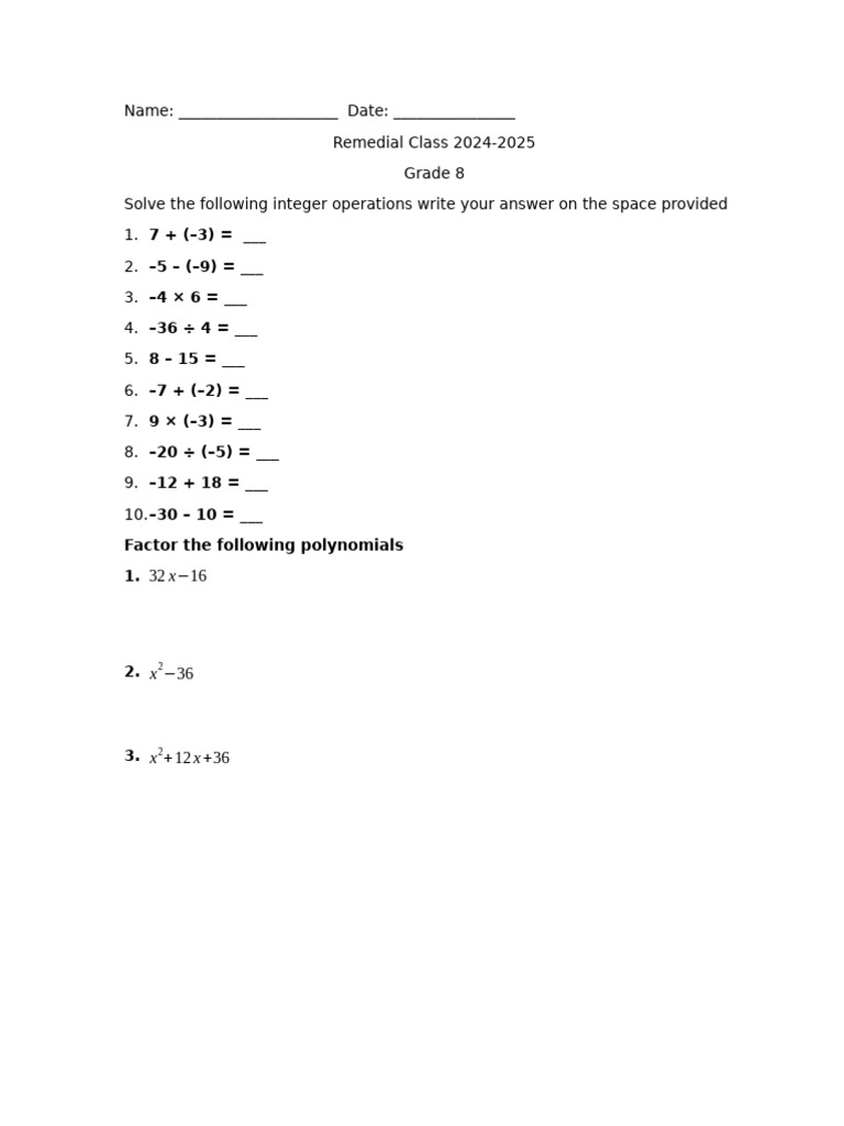 Grade 8 Remedial Math Practice | PDF