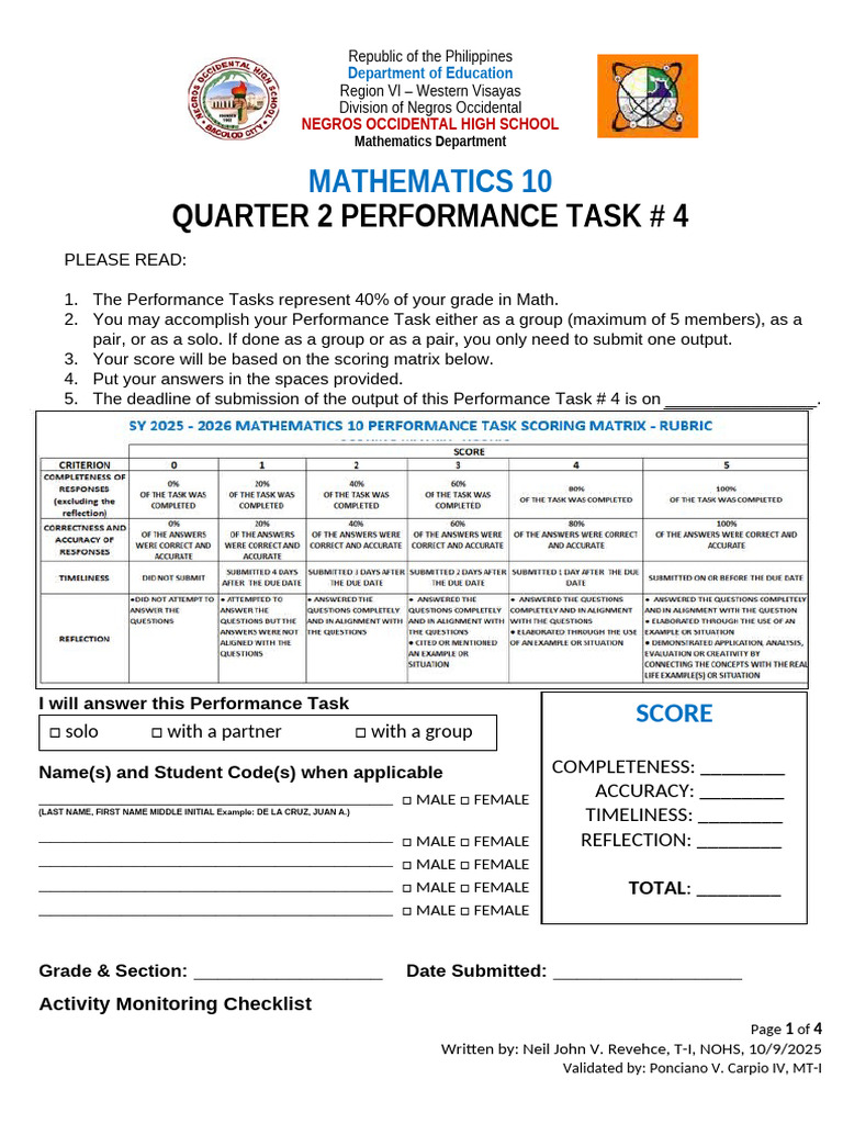 Sy2025-26 Math10 Q2 Performance Task 4 | PDF | Planetary Habitability | Planets