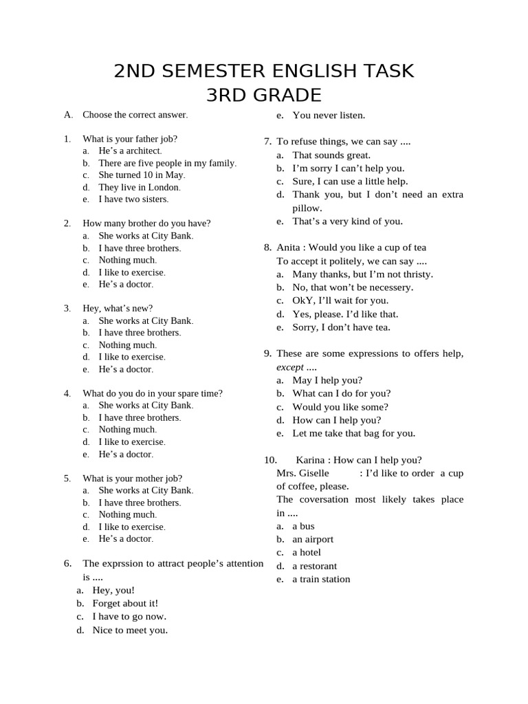 3rd Grade English Task: Exercises & Questions | PDF