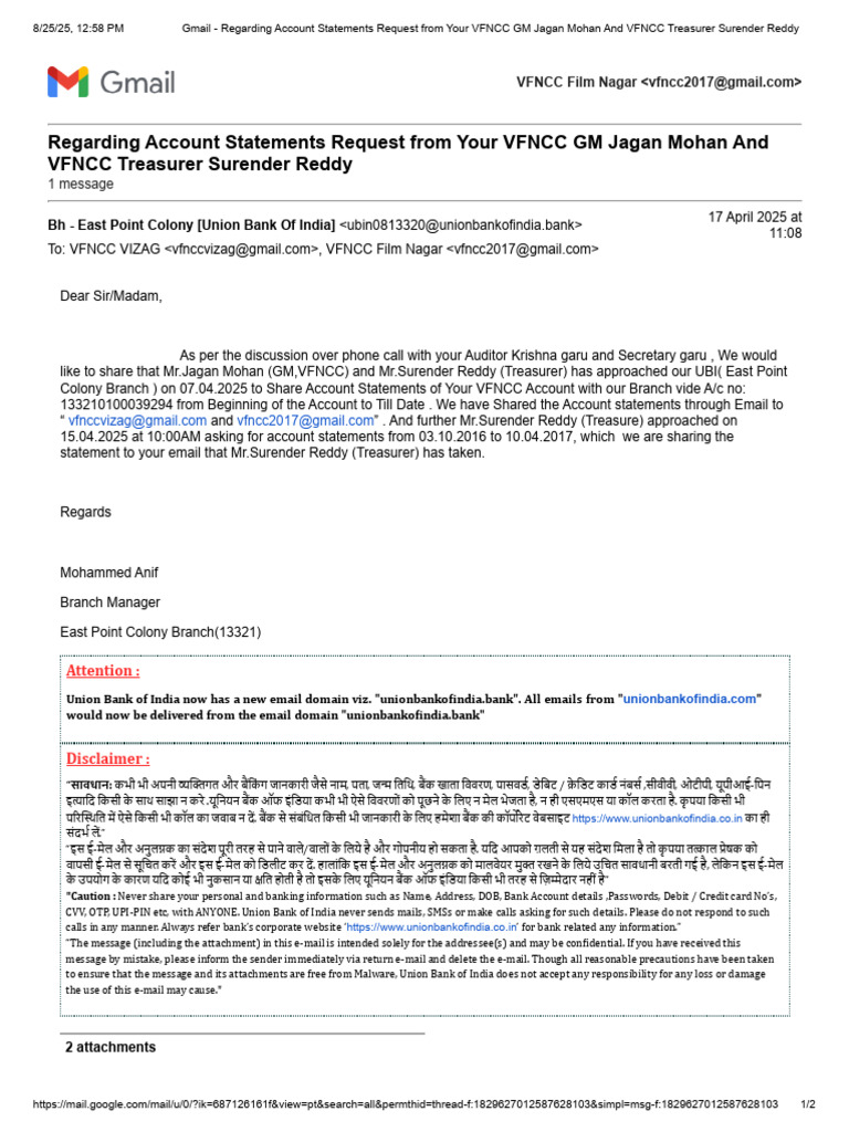 Gmail - Regarding Account Statements Request From Your VFNCC GM Jagan Mohan and VFNCC Treasurer ...