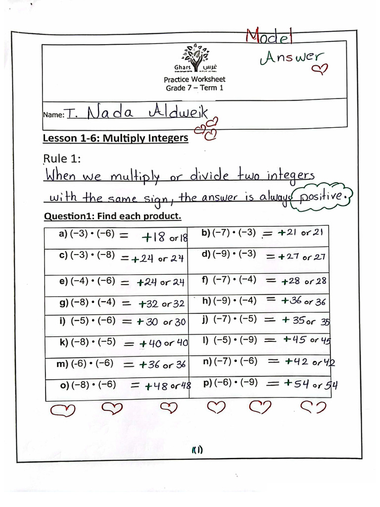 Grade7 Quiz2 Revision Worksheet Model Answer | PDF