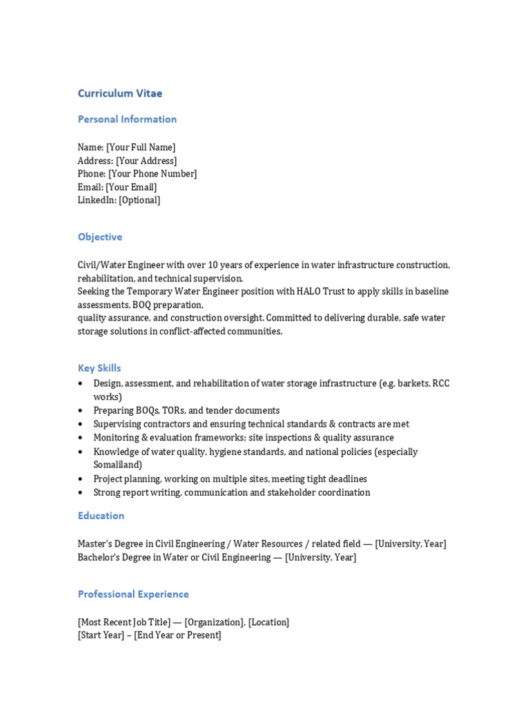 Civil Water Engineer CV for HALO Trust | PDF | Project Management ...