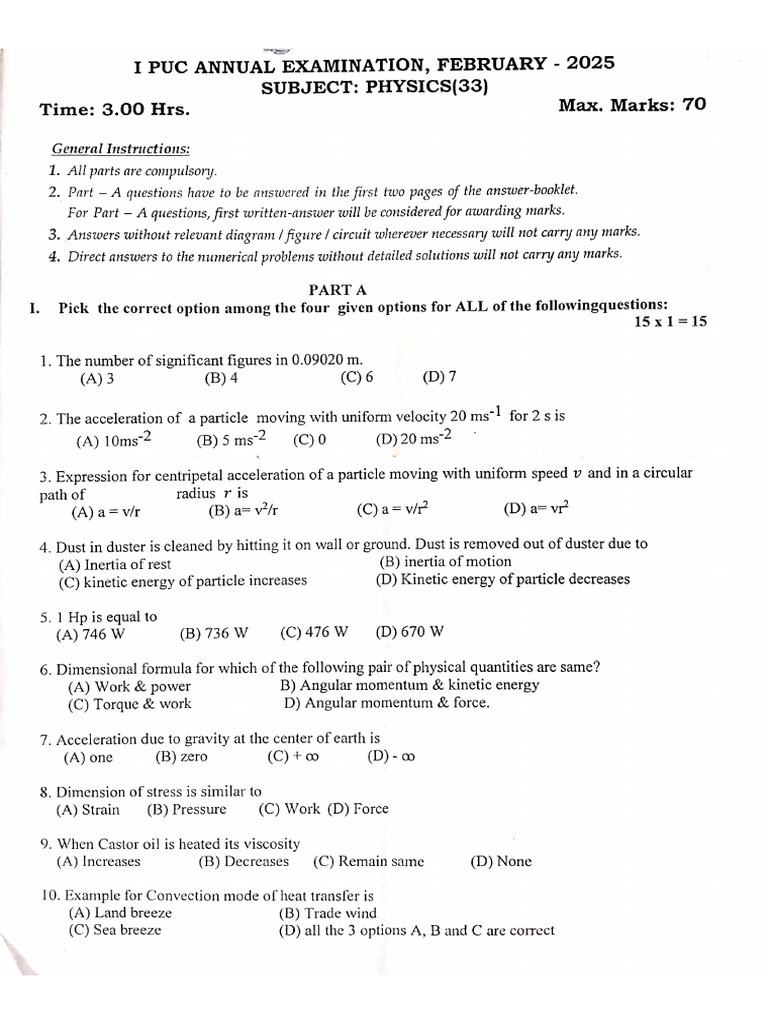 2024-25 1PU Physics Final | PDF