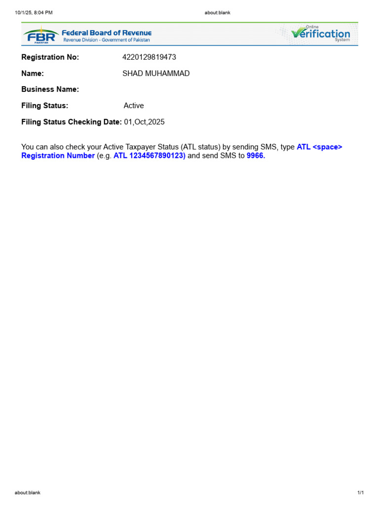 Shad Muhammad Atl Receipt | PDF