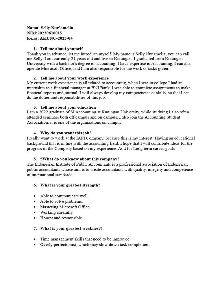Selly Nur'Amelia NIM 20230610015 Tugas Interview Section | PDF