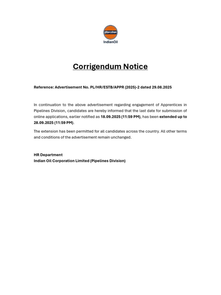 Corrigendum Notice: Reference: Advertisement No. PL/HR/ESTB/APPR (2025 ...