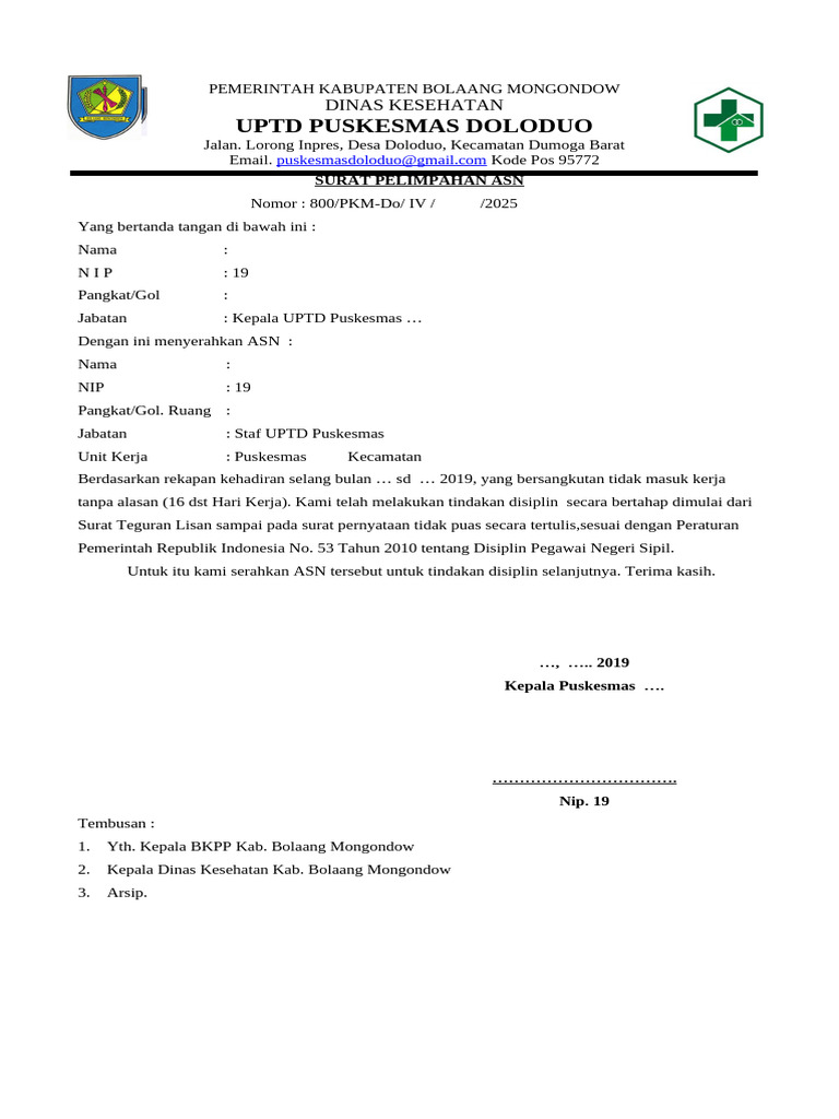 Surat Pelimpahan ASN Puskesmas Doloduo | PDF