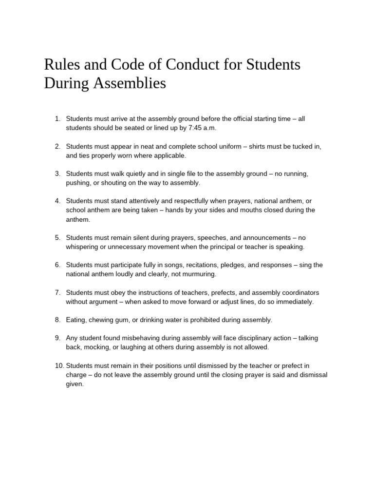 Rules and Code of Conduct For Students During Assemblies | PDF