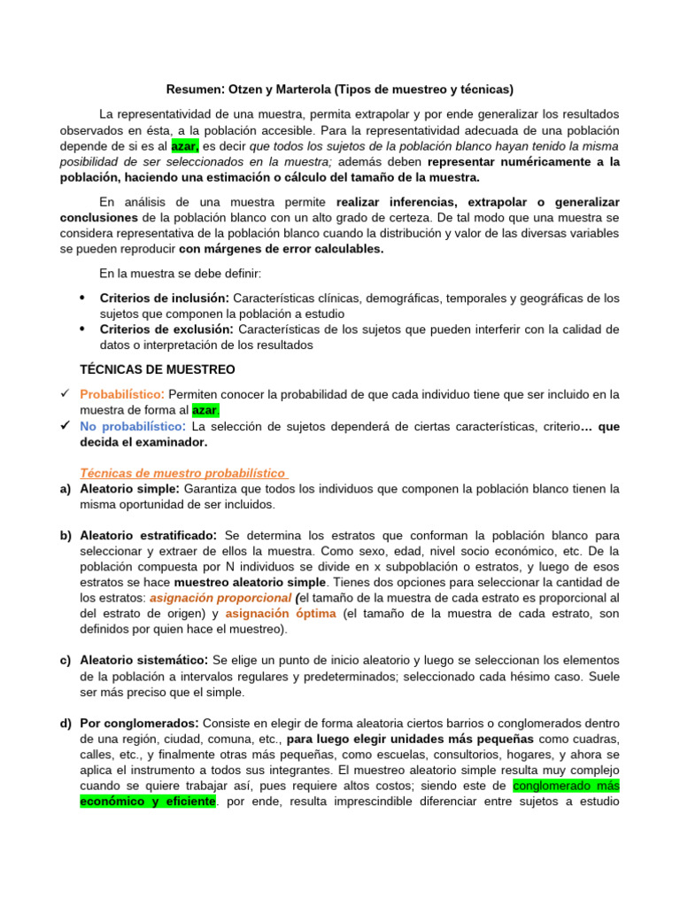 Resumen (Tipos de muestreo y técnicas) - Otzen y Marterola | PDF ...